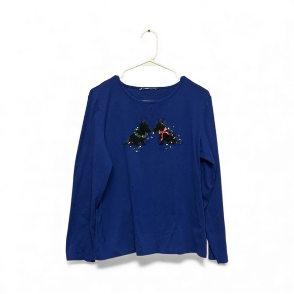 Vintage | Tops | Vintage Y2k Blue Long Sleeve Tee W Holiday Scottish Terrier Design Large | Poshmark